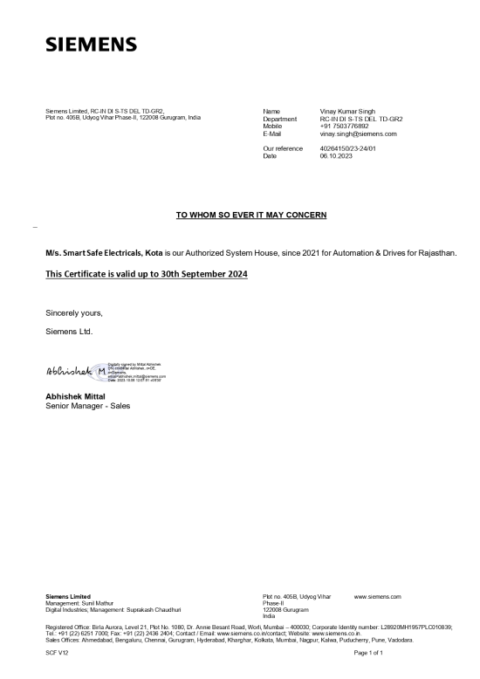 Certificate – Smart Safe Electricals